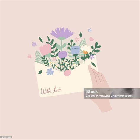 야생화로 채워진 귀여운 봉투와 손을 잡고 있는 나뭇잎의 납작한 손으로 그린 벡터 그림 카드 엽서 스티커 배너 초대장 소셜 미디어 게시물을 위한 장식 요소 가을에 대한 스톡