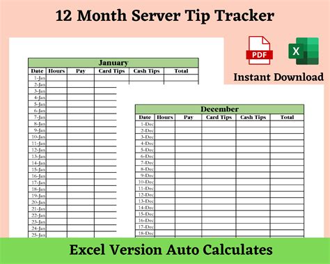Server Tip Tracker Tip Tracker Template Printable Tip Tracker Server Pay Tracker Service