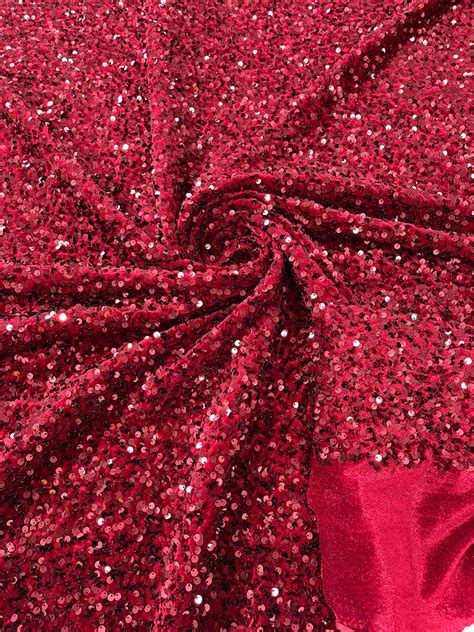 Burgundy Sequin Velvet Fabric On Burgundy Stretch Velvet By The