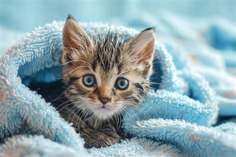Premium Photo Wet Kitten After Bathing Wrapped In A Towel Closeup