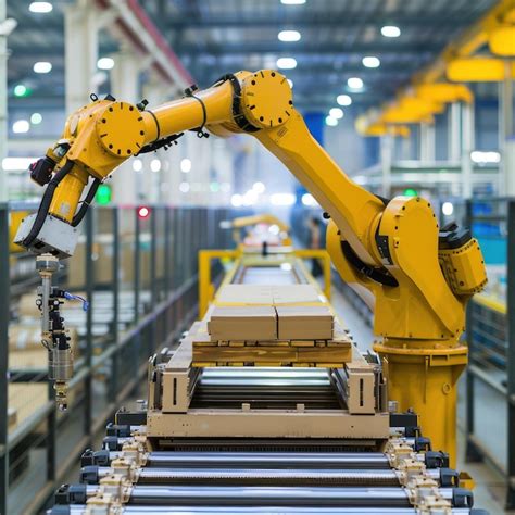 Yellow Robotic Arm In A Factory Setting Premium Ai Generated Image