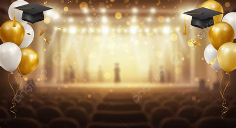 Elegant Graduation Stage Background With Golden Balloons And Caps Decor