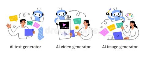 Set Of Vector Illustrations With People Using Generative Artificial Intelligence Tools Ai Text