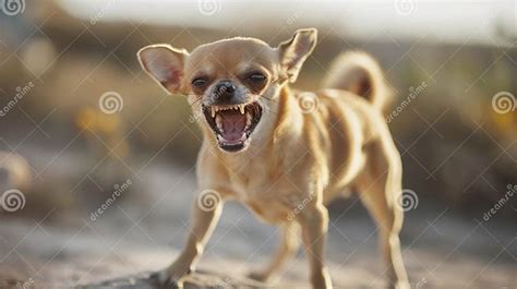 Small Aggressive Chihuahua Baring Teeth Displaying Fierce Expression