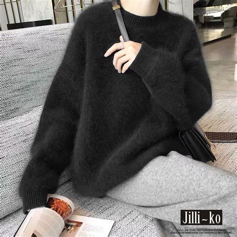 Jilli Ko 毛海寬鬆落肩針織毛衣 黑咖啡 厚針織 Yahoo奇摩購物中心