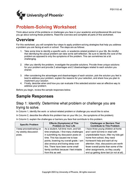 Psy V Wk Problem Solving Worksheet PSY V Problem Solving Worksheet Think About Some
