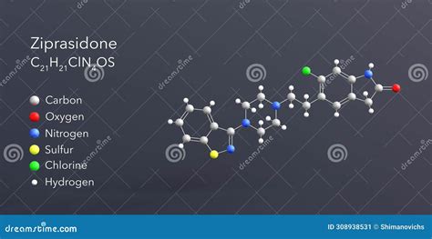 Ziprasidone Molecule 3d Rendering Flat Molecular Structure With