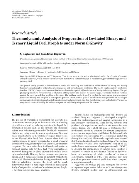 Pdf Thermodynamic Analysis Of Evaporation Of Levitated Binary And Ternary Liquid Fuel Droplets