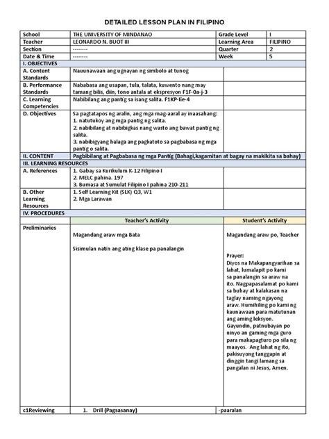 Detailed Lesson Plan Template 1 Pdf