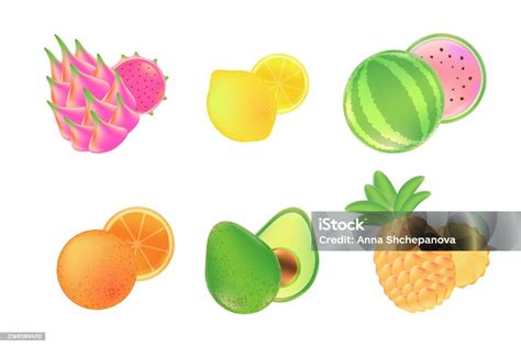 신선한 과일 벡터 오렌지 수박 레몬 드래곤 과일 아나나 아보카도로 설정 건강 한 요소 절연 흰색 배경 빛나는 질감의 이국적인 음식 장식 감귤류 과일에 대한 스톡 벡터 아트