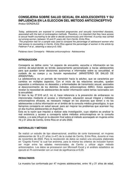 Consejería Sobre Salud Sexual En Adolescentes Y Su Influencia En La