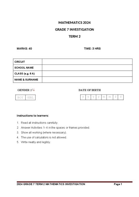 Grade 7 Mathematics Investigation Term 2 2024 042056 Mathematics 2024