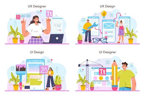 Ux 및 Ui 디자이너 개념 집합입니다 앱 인터페이스 개선 사용자 인터페이스 디자인 및 사용자 경험 개발 현대 디지털