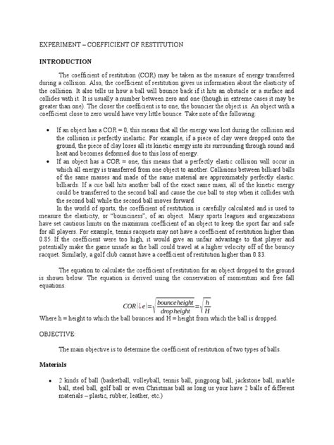 Experiment Coefficient Of Restitution Pdf Collision Metrology