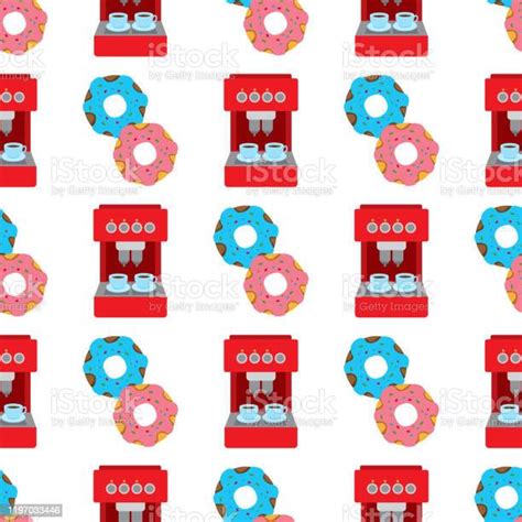커피의 주제에 일러스트와 원활한 패턴 커피 메이커와 도넛 도넛에 대한 스톡 벡터 아트 및 기타 이미지 도넛 딸기 마실 것 Istock