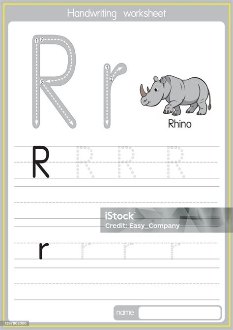 알파벳 문자 R 어퍼 케이스 또는 영어 학습 연습 Abc를위한 대문자와 Rhino의 벡터 그림 0명에 대한 스톡 벡터 아트 및
