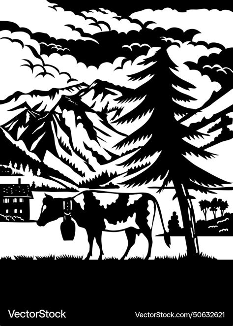 Cow In Elm Sernftal With Glarus Peaks Switzerland Vector Image