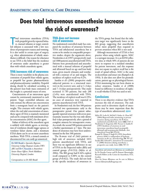 Does Total Intravenous Anaesthesia Increase The Risk Of Awareness Pdf Anesthesia Clinical