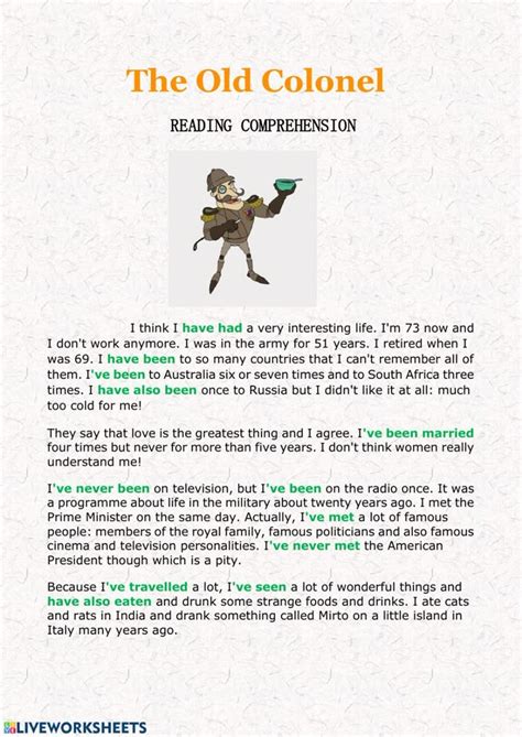 Present Perfect Reading Comprehension Worksheet Reading