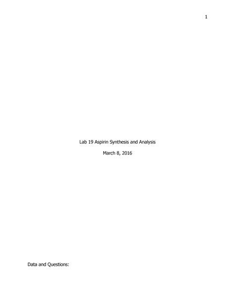 lab 19 aspirin synthesis and analysis lab 19 aspirin synthesis and