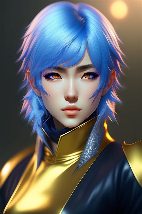 Hyper Realistic Anime Portrait With Blue Hair And Gold Eyes • Promptden