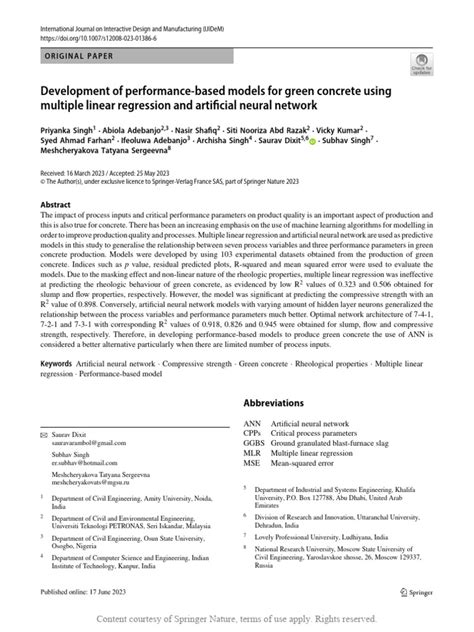 Development Of Performance Based Models For Green Concrete Using Multiple Linear Regression And