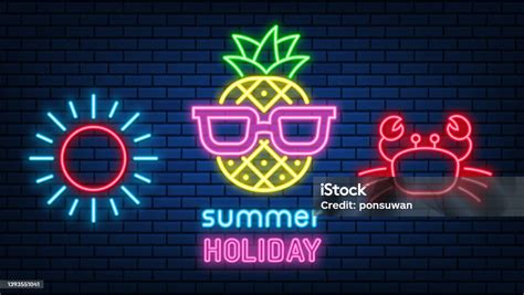 네온 파인애플 여름 표지판 빛나는 색상이 빛나는 Led 또는 할로겐 램프 프레임 배너 벽돌 벽 벡터 세트에 0명에 대한 스톡 벡터 아트 및 기타 이미지 Istock