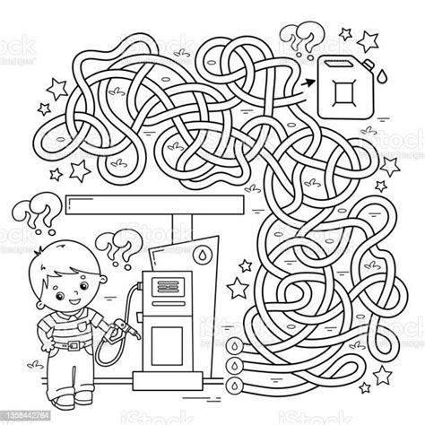 미로 또는 미로 게임 수수께끼 얽힌 도로 주유소에서 만화 드라이버의 색칠 페이지 개요 운송 또는 차량 아이들을위한 색칠 공부책 가솔린에 대한 스톡 벡터 아트 및 기타 이미지