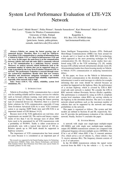 Pdf System Level Performance Evaluation Of Lte V2x Network