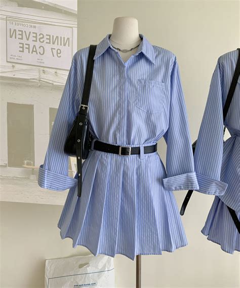 ★벨트 포함★ 셔츠 스커트 세트 카라넥 블루 스트라이프 줄무늬 긴팔 루즈핏 포켓 히든버튼 롱 셔츠 And 하이웨스트 플리츠 미니스커트 짧은치마 투피스 하이틴 프레피룩 에이블리