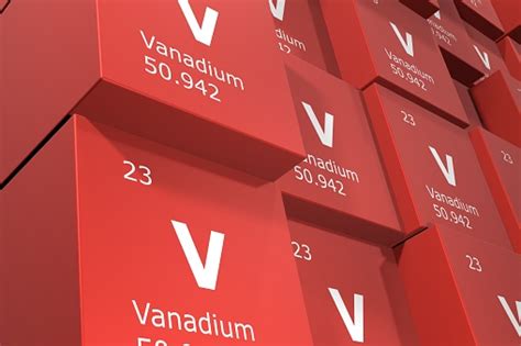 바나듐 주기율표 원자 번호 원자량 이름 및 기호의 기호 큐브의 3d 렌더링 배경 교육 과학 및 기술 3d 일러스트레이션 개체