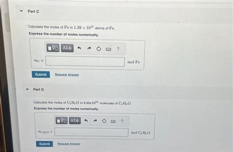 Solved Calculate The Moles Of Fe In 1 39×1022 Atoms Of Fe
