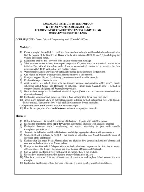 Oops With Java Module2and3 Question Bank Pdf Method Computer Programming Class Computer