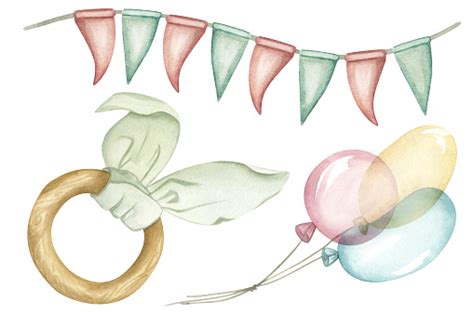 휴일 생일 베이비 샤워 신생아를 위한 어린이 장난감 큐브 풍선 및 신생아 또는 생일 소년을위한 피라미드가있는 코끼리의 수채화 그림 아기를 위한 딸랑이 엽서 선물 포장을 위한