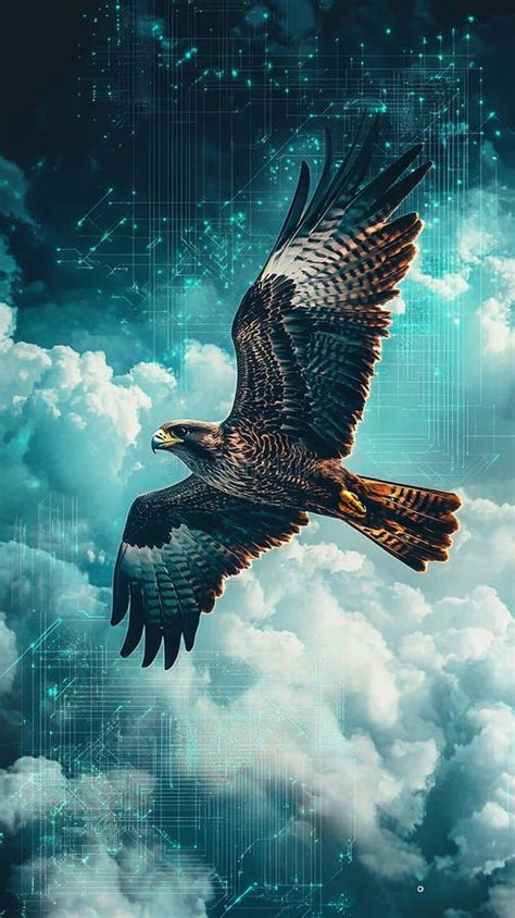 Futuristic Falcon Flying Through A Sky Of Digital Clouds Stock Illustration Illustration Of