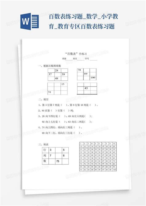 百数表练习题 数学 小学教育 教育专区 百数表练习题Word模板下载 编号lojgdkjz 熊猫办公
