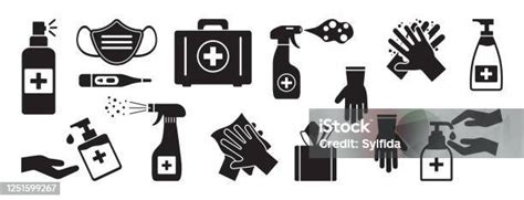 소독 손 위생 손 소독제 병 세척 젤 스프레이 액체 비누 고무 장갑 세트 검은 색 아이콘입니다 Ppe 개인 보호 장비 벡터