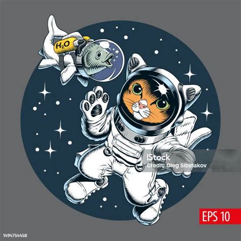 우주에 떠 있는 우주복을 입은 고양이 우주비행사와 물고기 벡터 그림입니다 애완고양이에 대한 스톡 벡터 아트 및 기타 이미지 애완고양이 우주 비행사 0명 Istock