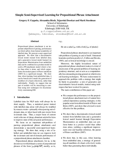 Pdf Simple Semi Supervised Learning For Prepositional Phrase Attachment Tejaswini Deoskar