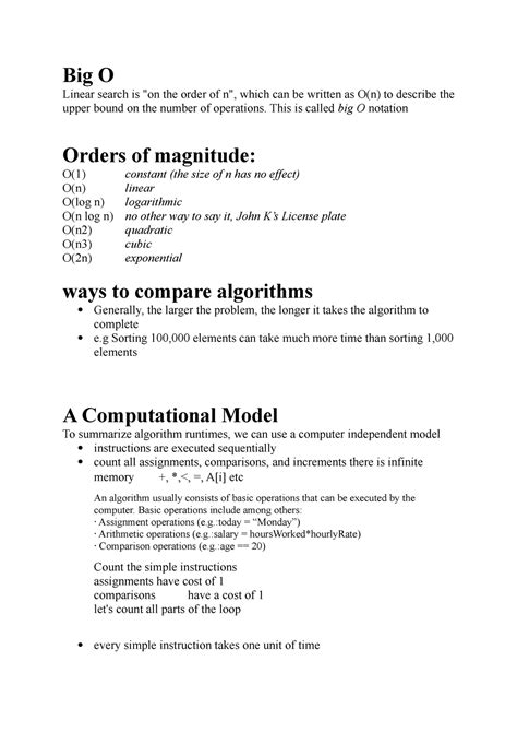 BIG OH Lecture Notes 1 Big O Linear Search Is On The Order Of N Which Can Be Studocu