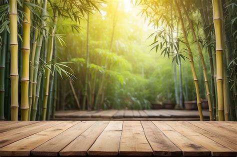 Premium Photo Empty Old Wooden Table With Yellow Bamboo Tree Background
