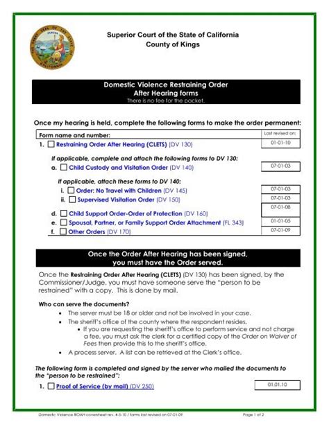 Domestic Violence Restraining Order After Hearing Packet Cover