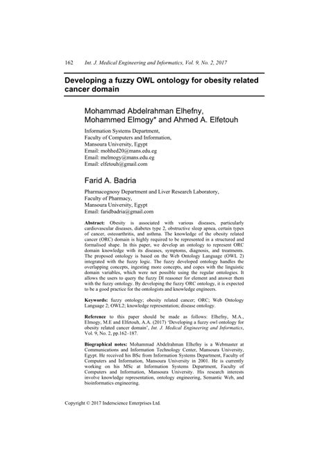 Pdf Developing A Fuzzy Owl Ontology For Obesity Related Cancer Domain
