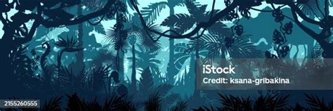 정글 풍경입니다 열대우림이 있는 레이어드 배경입니다 시차 효과 덩굴 식물 야자수 나무 덤불이 있는 수평 파란색 파노라마 배경 0명에 대한 스톡 벡터 아트 및 기타 이미지