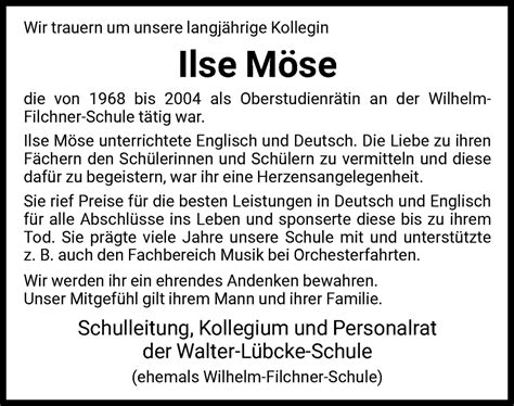 Traueranzeigen Von Ilse Möse Trauerhnade