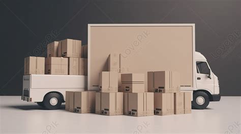 배달 개념 배경에서 시각화된 소포 상자가 있는 운송 트럭의 3d 렌더링 포장 상자 배경 판지 배경 시각적 배경 이미지 Hd 포장 상자 판지 시각적 배경 사진 무료