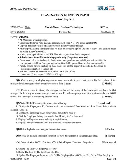 Database Technologieslab Examquestion Paper Pdf Table Database Computing