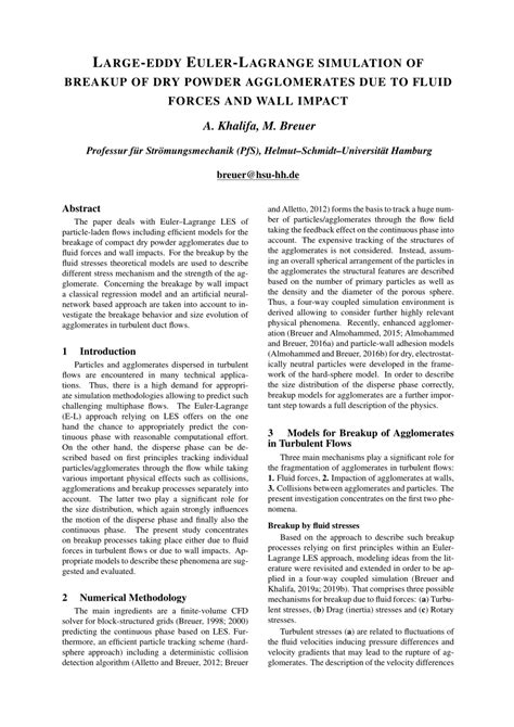Pdf Large Eddy Euler Lagrange Simulation Of Breakup Of Dry Powder
