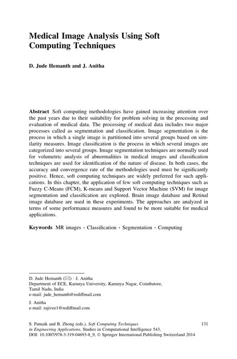 Pdf Medical Image Analysis Using Soft Computing Techniques