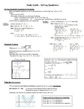 Solving Quadratic Equations Study Guide By M T Set TPT